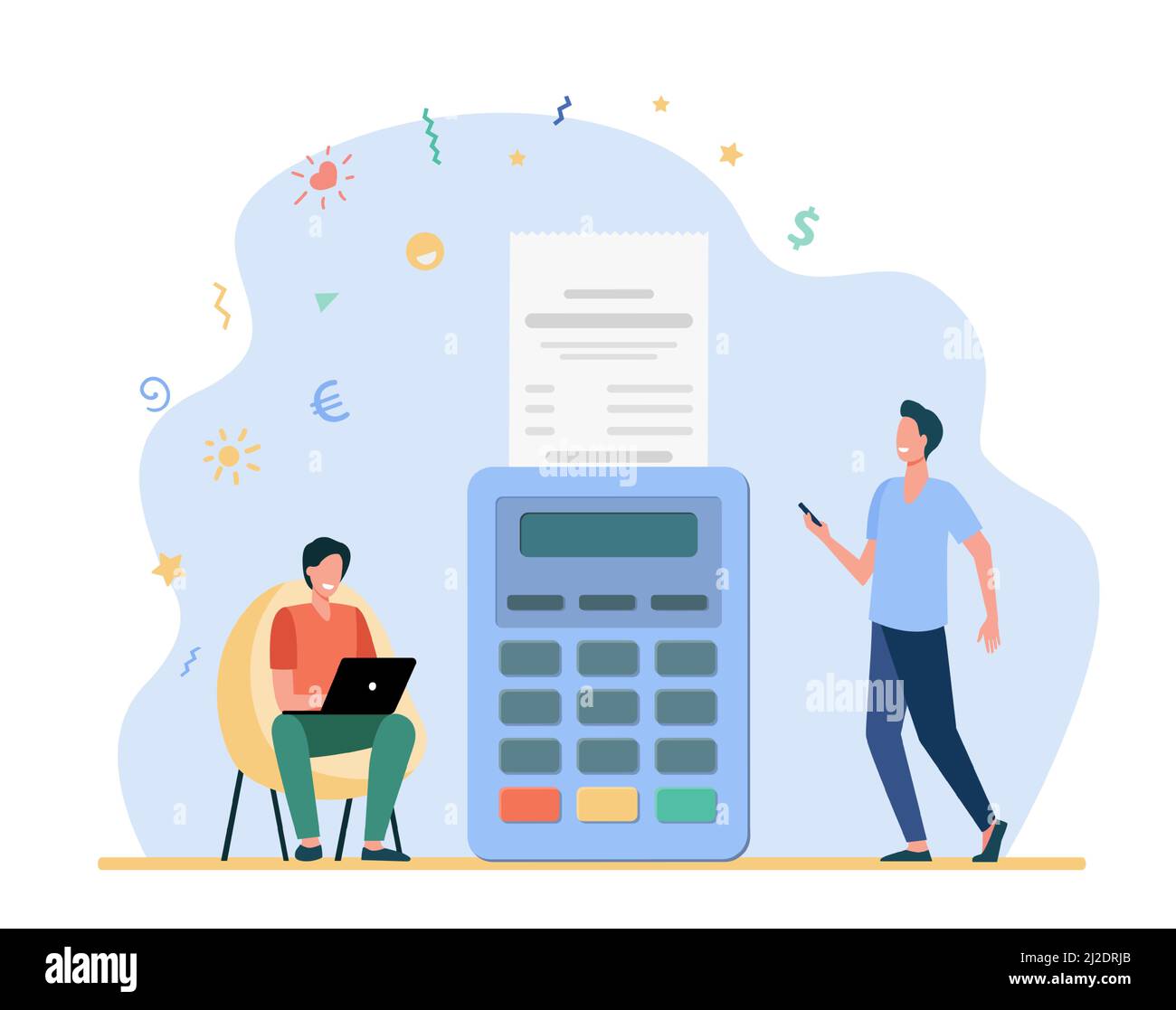 Man paying online and getting sales slip. Receipt, laptop, terminal ...