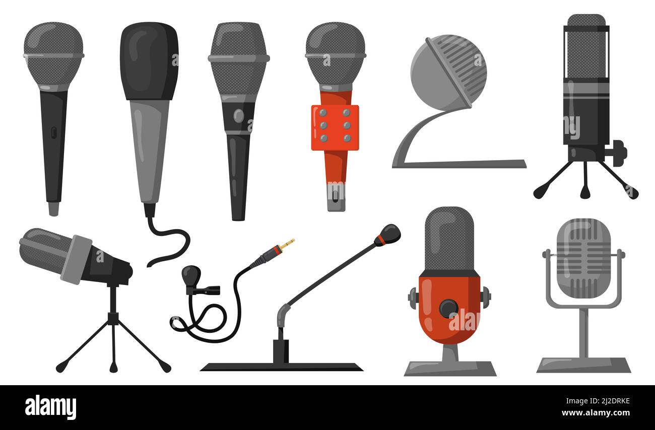 Microphones flat illustrations set. Studio equipment for podcast or ...