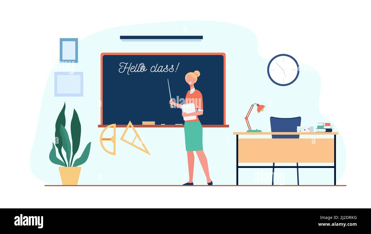 Happy teacher welcoming students in classroom, standing at blackboard ...