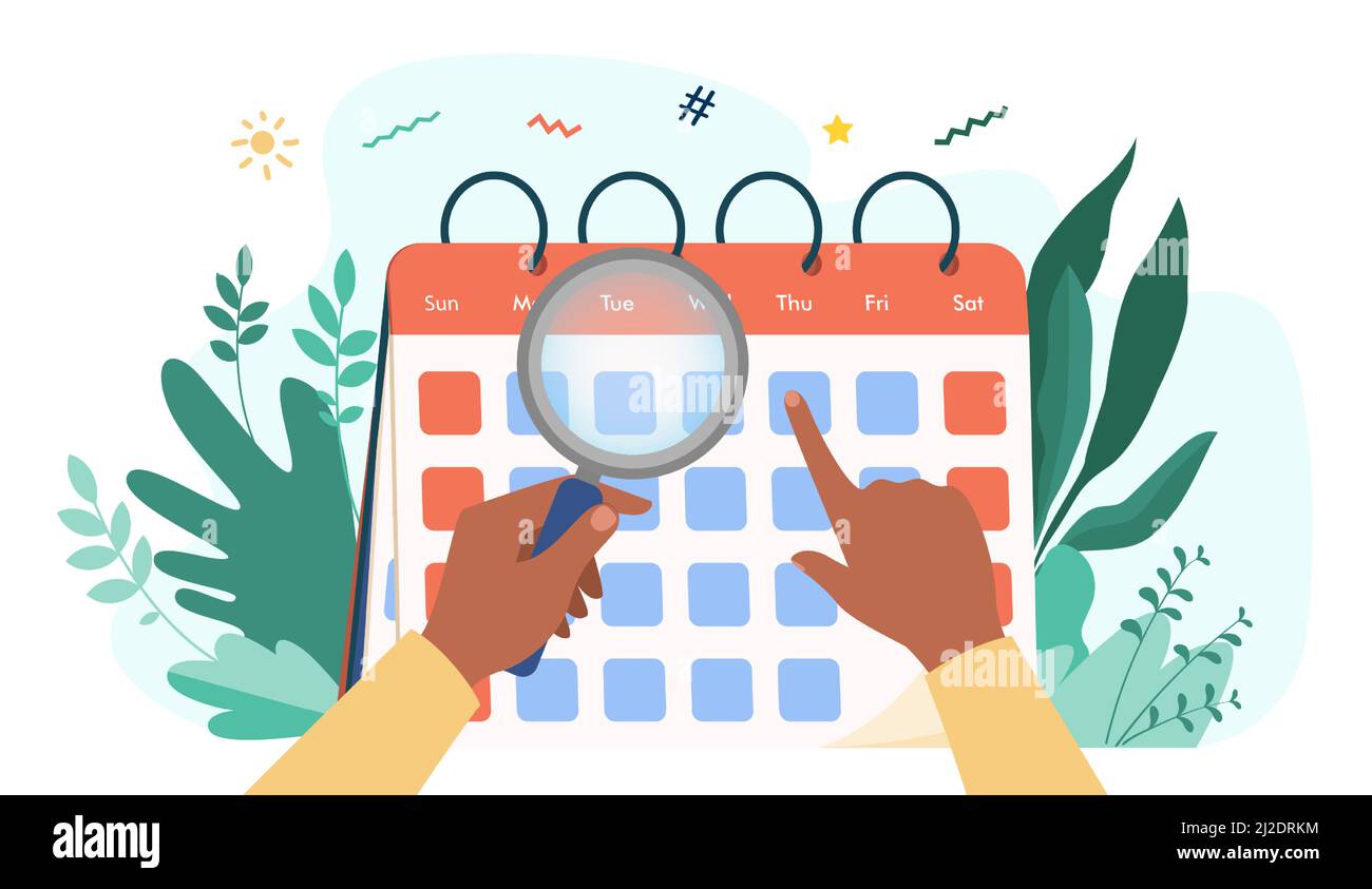 Hands with magnifier checking calendar. Magnifying glass, date, day ...