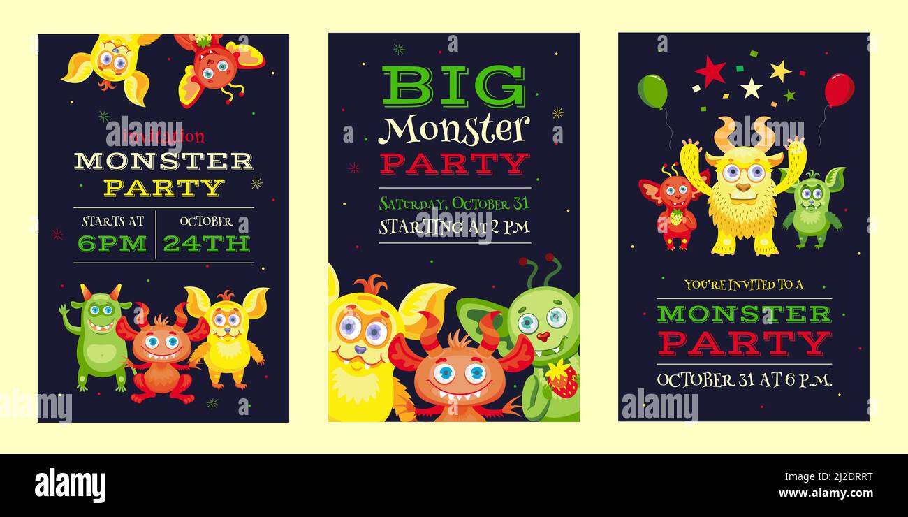 Monster party invitation designs with funny beasts and mascots. Bright ...