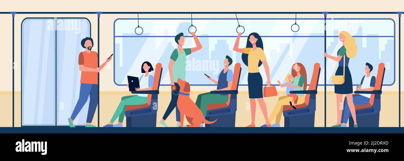 People riding subway train. Commuters sitting and standing in carriage ...