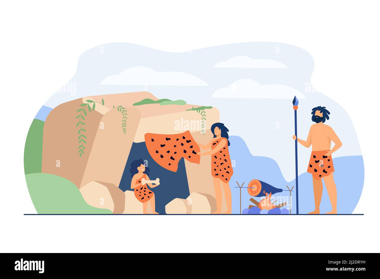 Prehistoric family couple and kid wearing leopard hides, cooking food ...