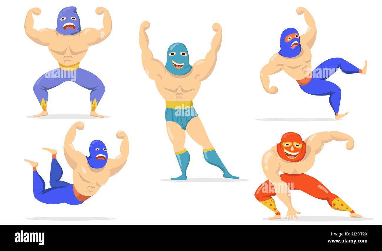 Mexican fighters in masks flat item set. Cartoon wrestlers standing ...