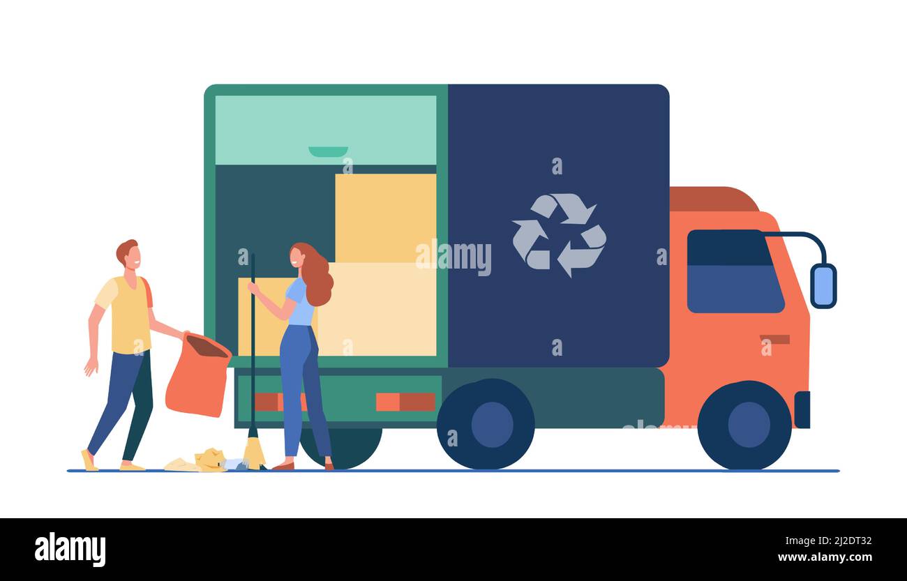 People loading garbage into truck. Trash pickup with recycling sign ...