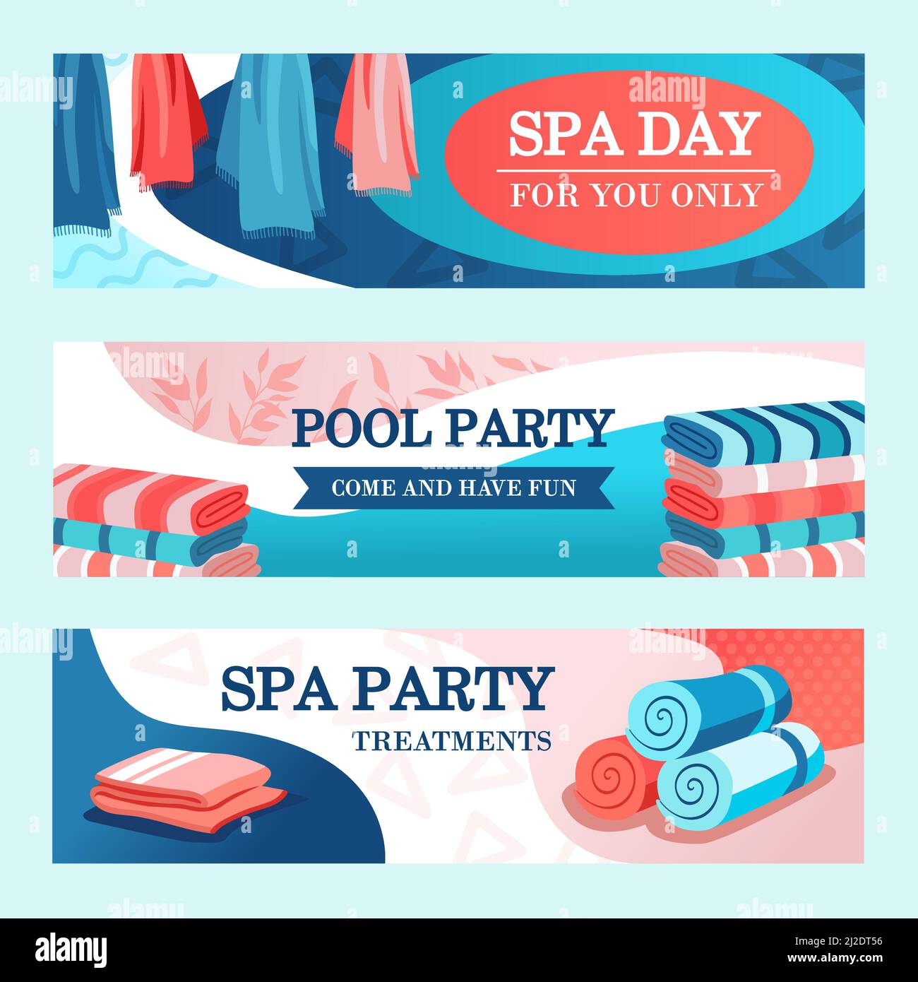 Spa party banners design with towels. Bright modern leaflet with rolled ...