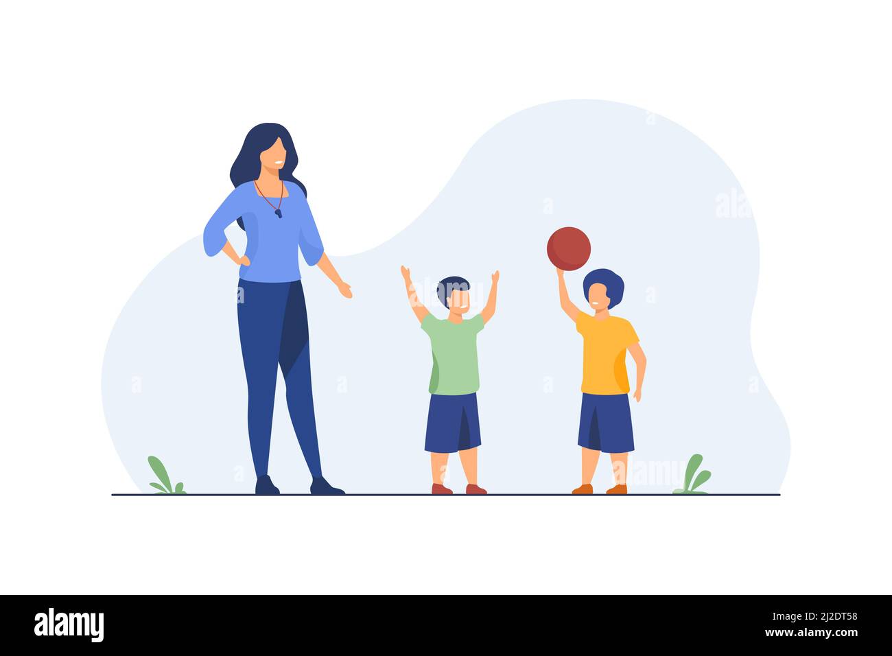 Sport coach standing at kids playing ball. Teacher, trainer, instructor ...