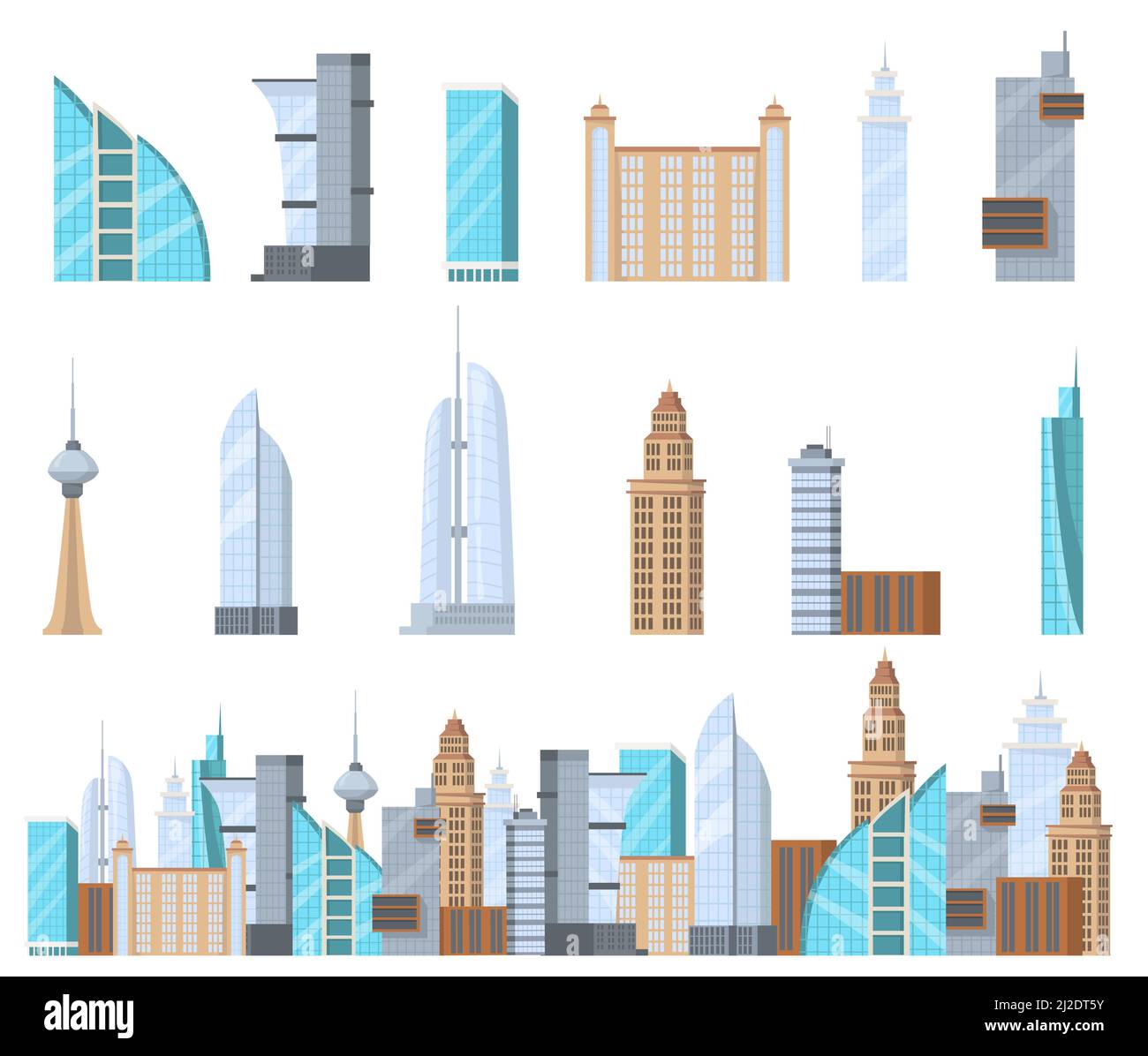 Modern commercial skyscrapers flat set for web design. Cartoon high ...