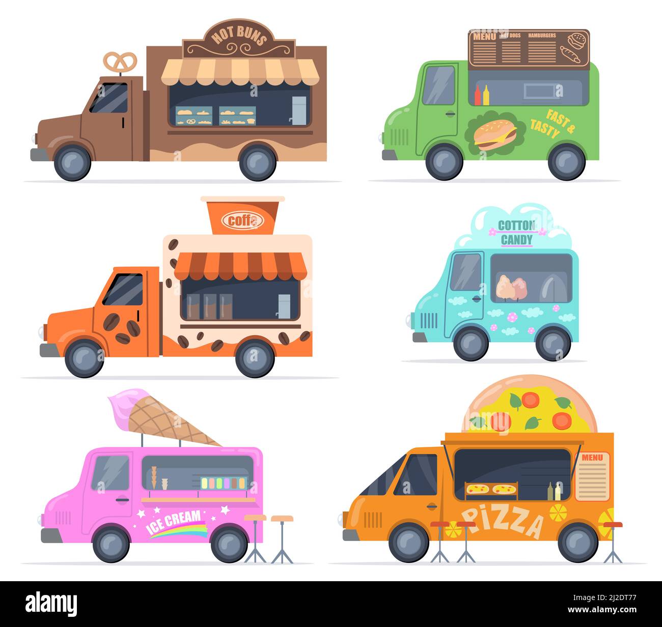 Street food trucks set. Colorful buses for selling pastry, fast food ...