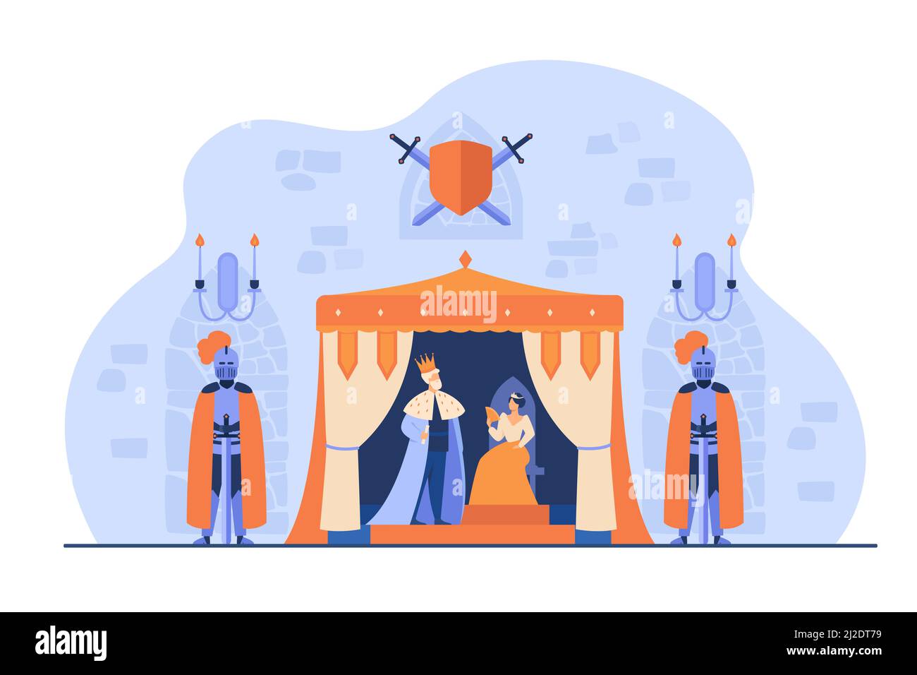 Medieval king and queen on throne under guard of knights in armors in ...