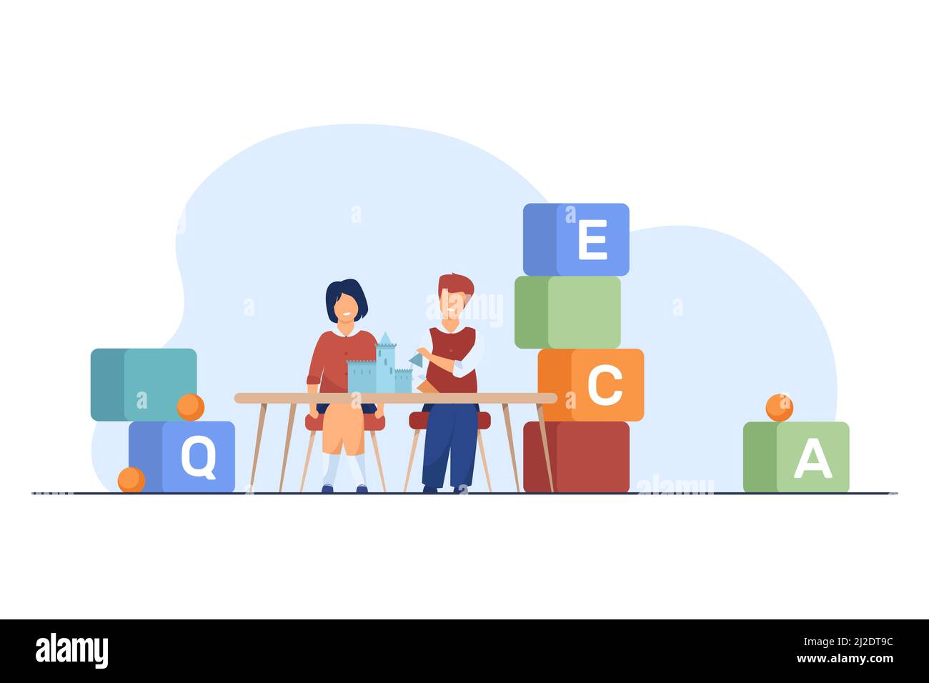 Schoolchildren sitting at desk with toy castle. Elementary school ...