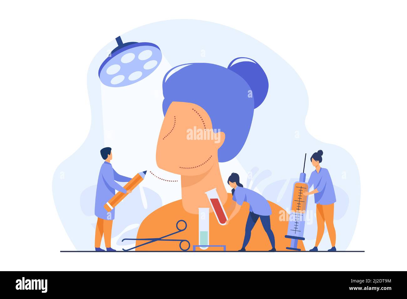 Tiny cosmetic surgeons drawing marks on huge female face, holding lab ...