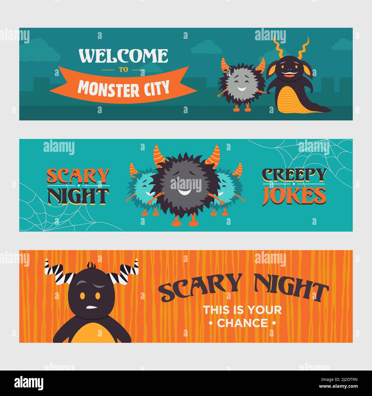 Modern banner designs with furry monsters. Welcome to monster city ...