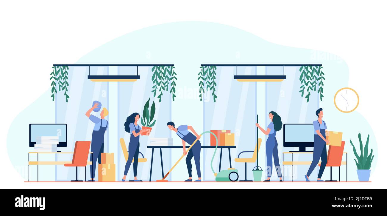 Team of professional janitors cleaning office. Vector illustration for ...