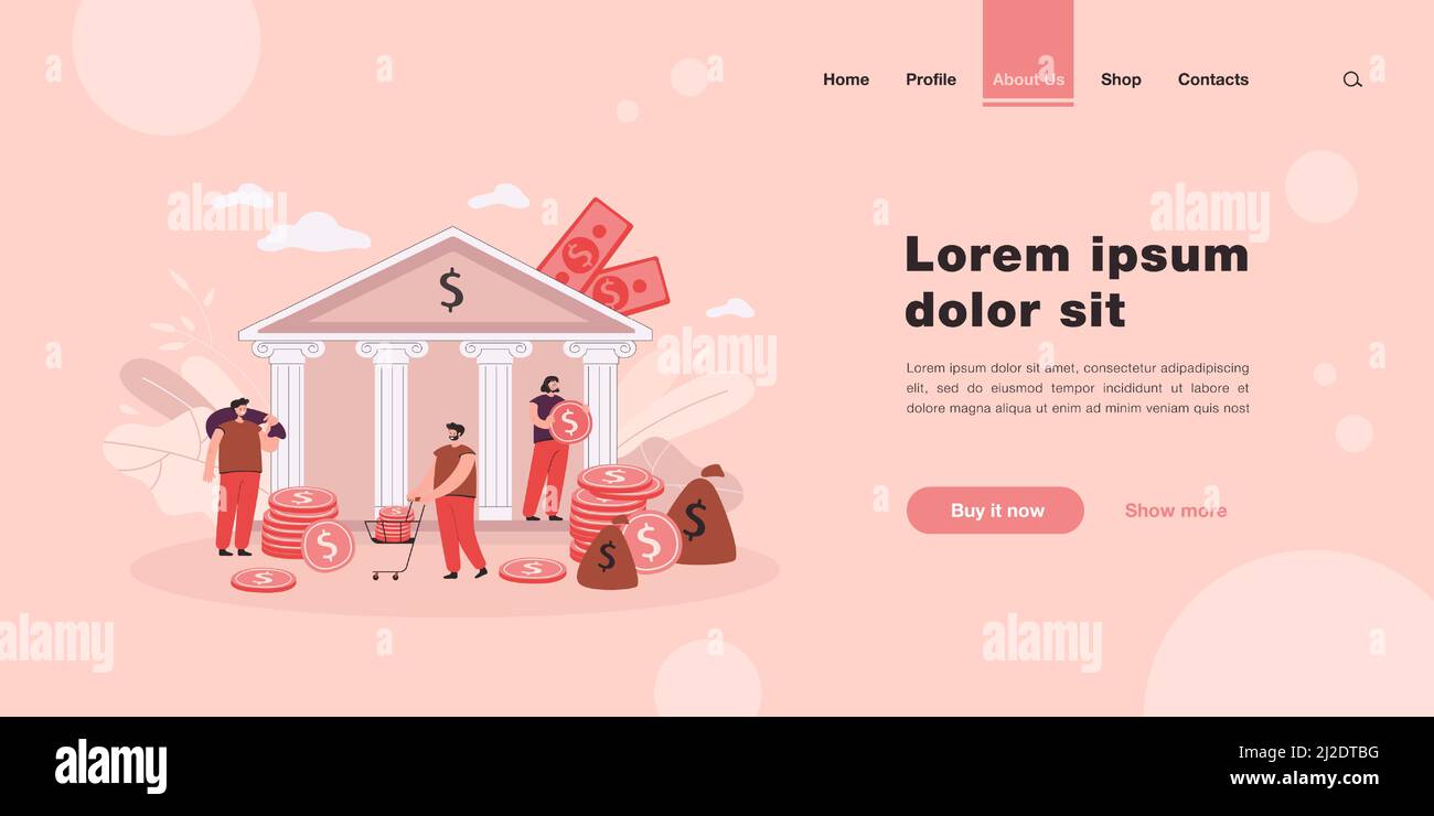 Tiny people depositing or taking money from government bank. Flat ...