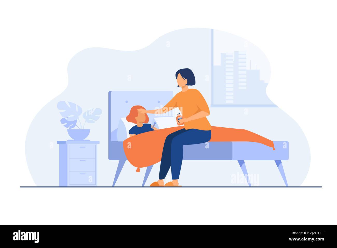 Mom taking care about sick child. Girl getting cold, suffering from flu ...