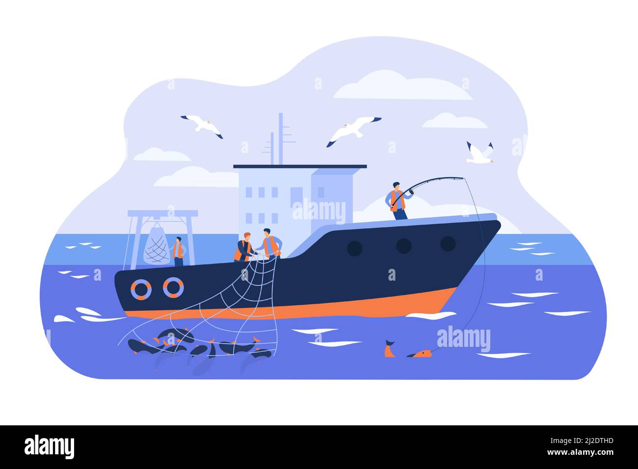 Professional fishermen working in vessel isolated flat vector ...