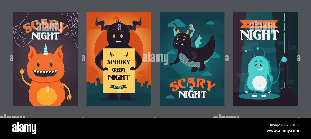 Scary night posters design with funny monsters. Vivid bright brochure ...