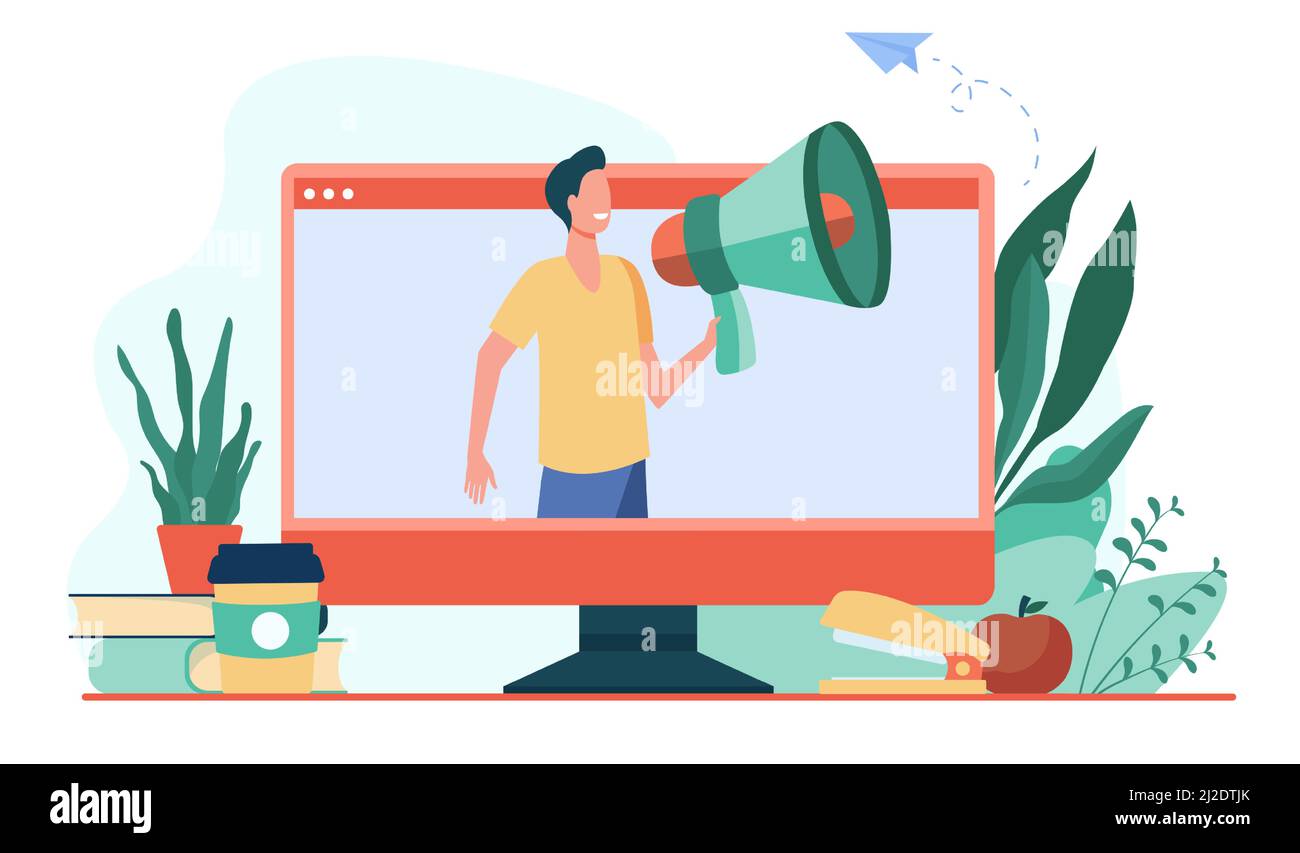 Smiling man talking in loudspeaker on monitor. Social media, computer ...