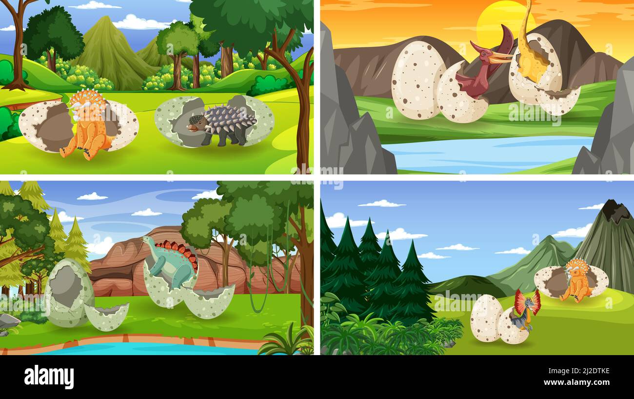 Different prehistoric forest scenes with dinosaur cartoon illustration ...