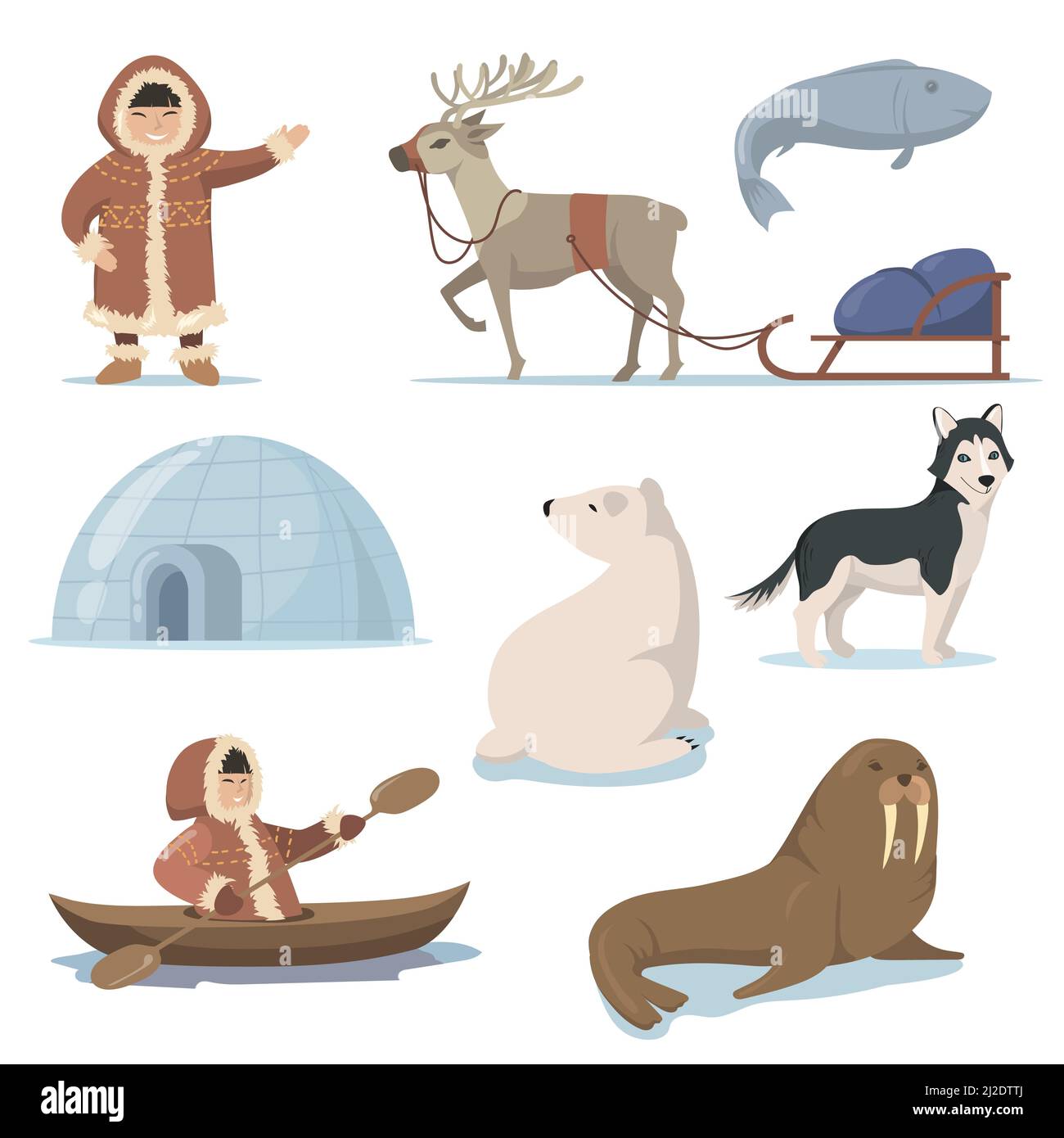 Alaska elements and happy Inuits flat set for web design. Cartoon ...