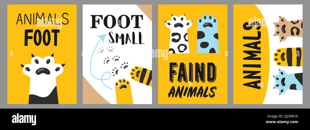 Animals foot posters set. Cat paws and claws vector illustrations with ...