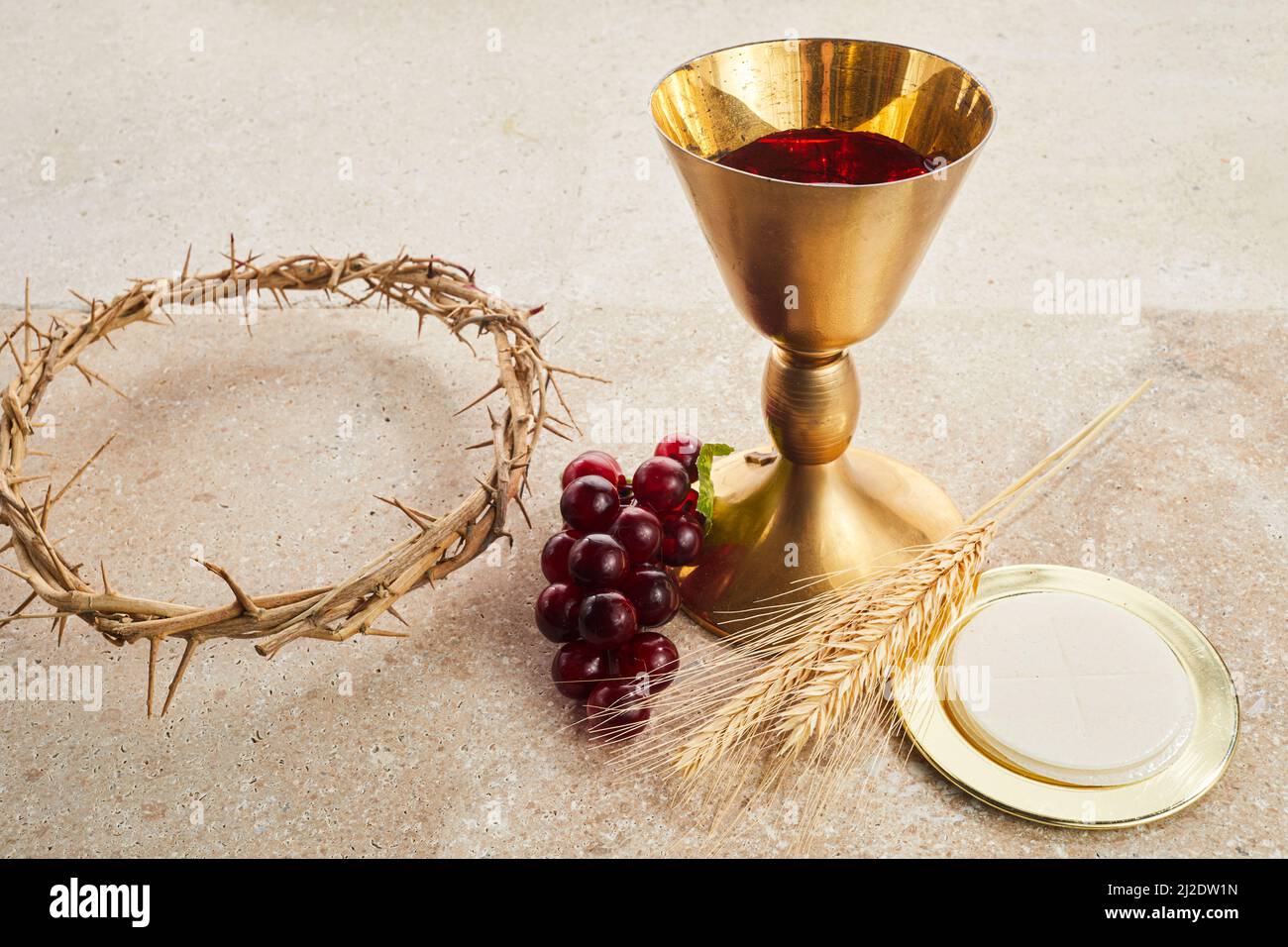 Easter Communion Still life with chalice of wine and bread Stock Photo ...