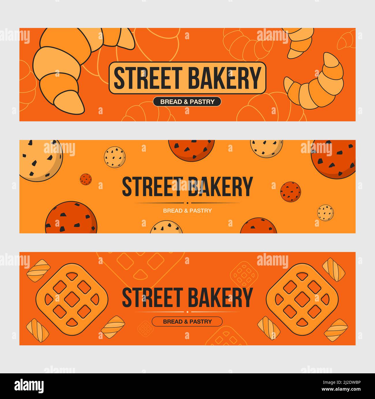 Baking banners set. Biscuits, croissants, cookies vector illustrations ...