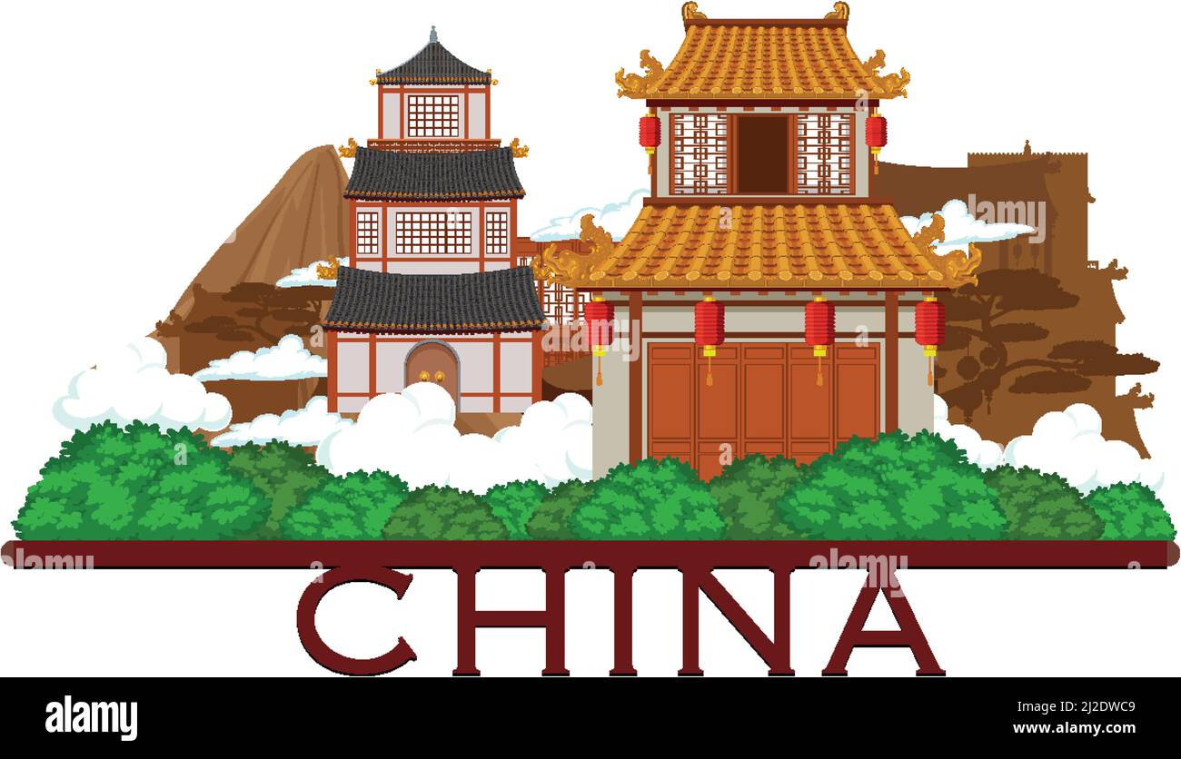 Chinese architecture iconic house building logo illustration Stock ...