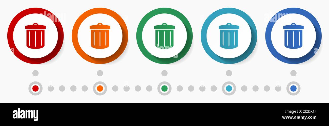 Trash can concept vector icon set, flat design colorful buttons ...