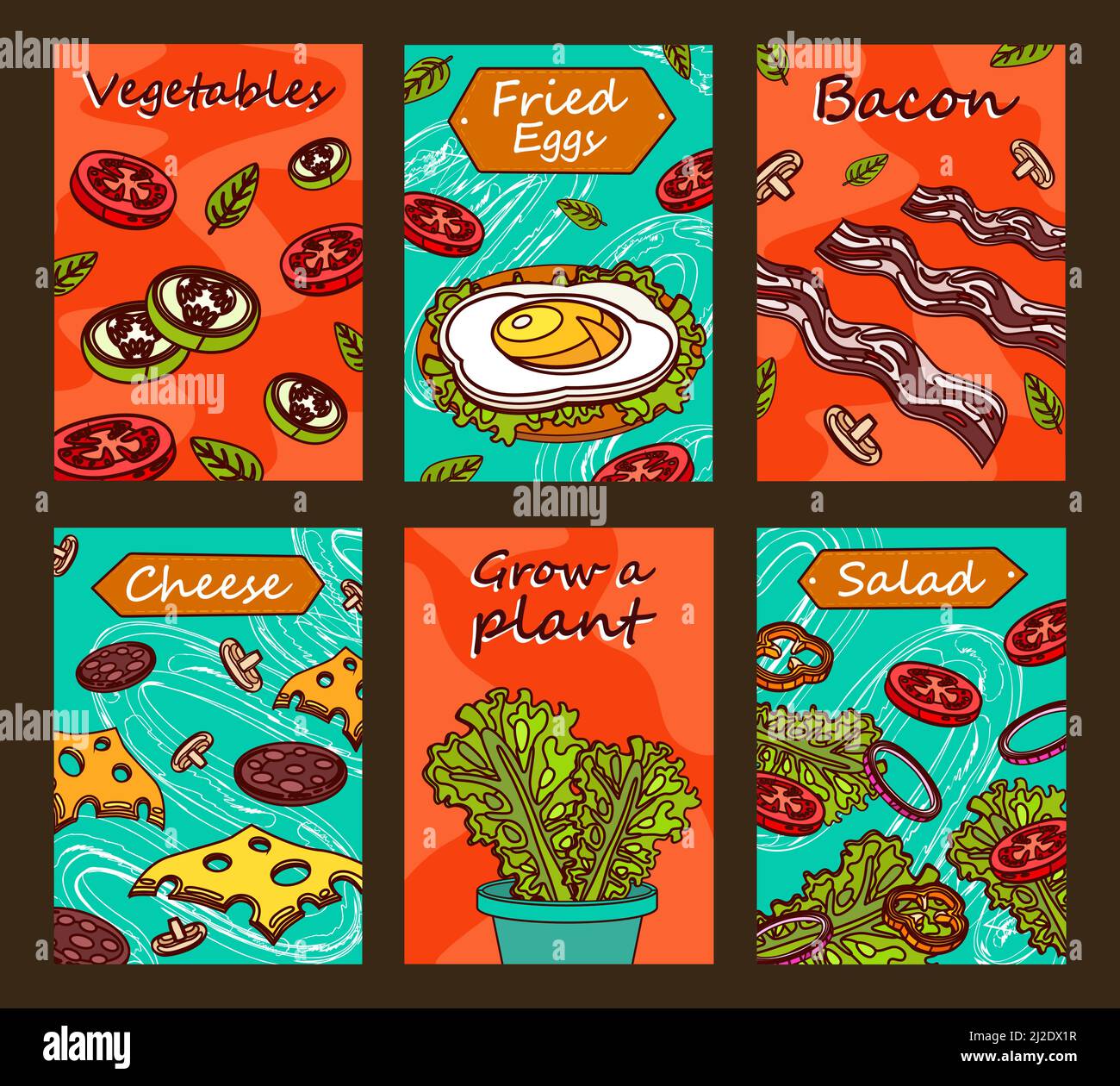 Bright brochure designs with tasty food. Colored sliced vegetables ...
