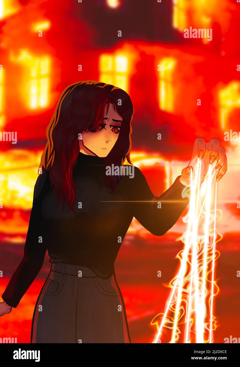 Anime girl making by hand a magical light beams full of fire power and ...