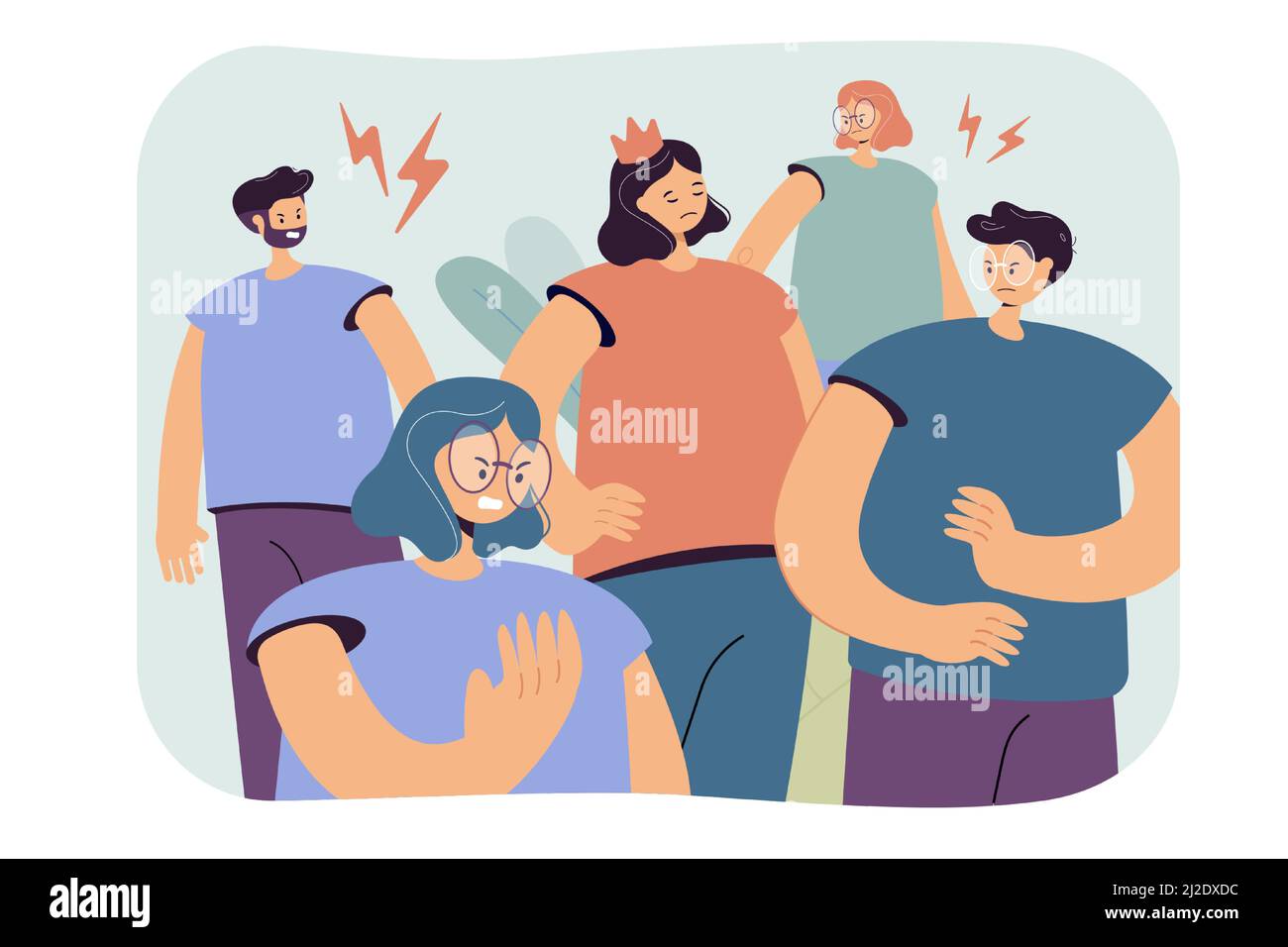 Arrogant selfish person in crown making group of people annoyed and ...