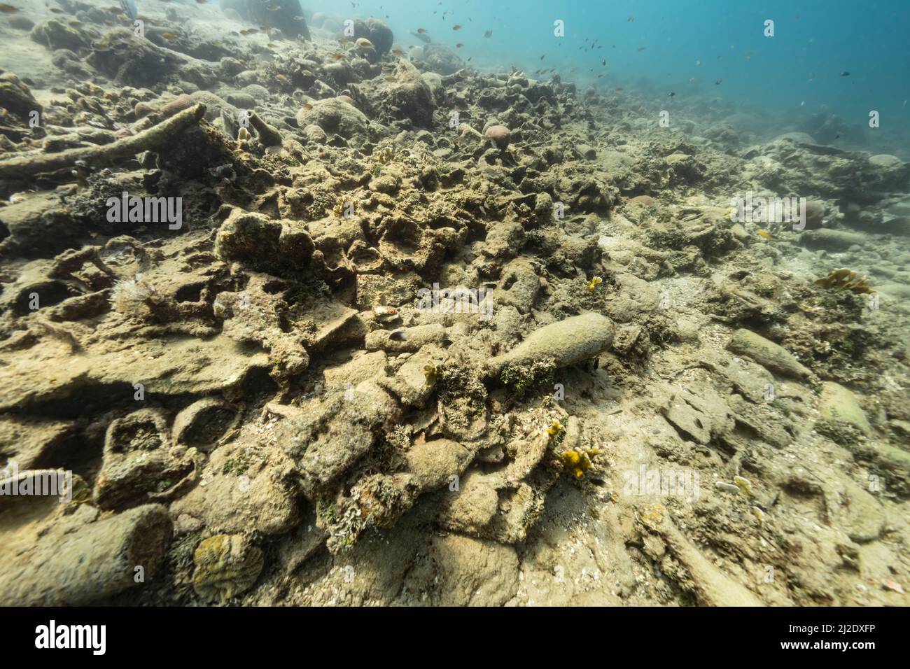Seascape with trash, waste, garbage in the coral reef in the Caribbean ...