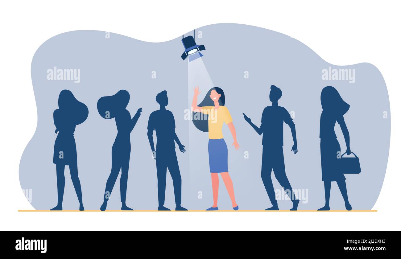 Candidate winning competition for job. Woman under spotlight, group in ...