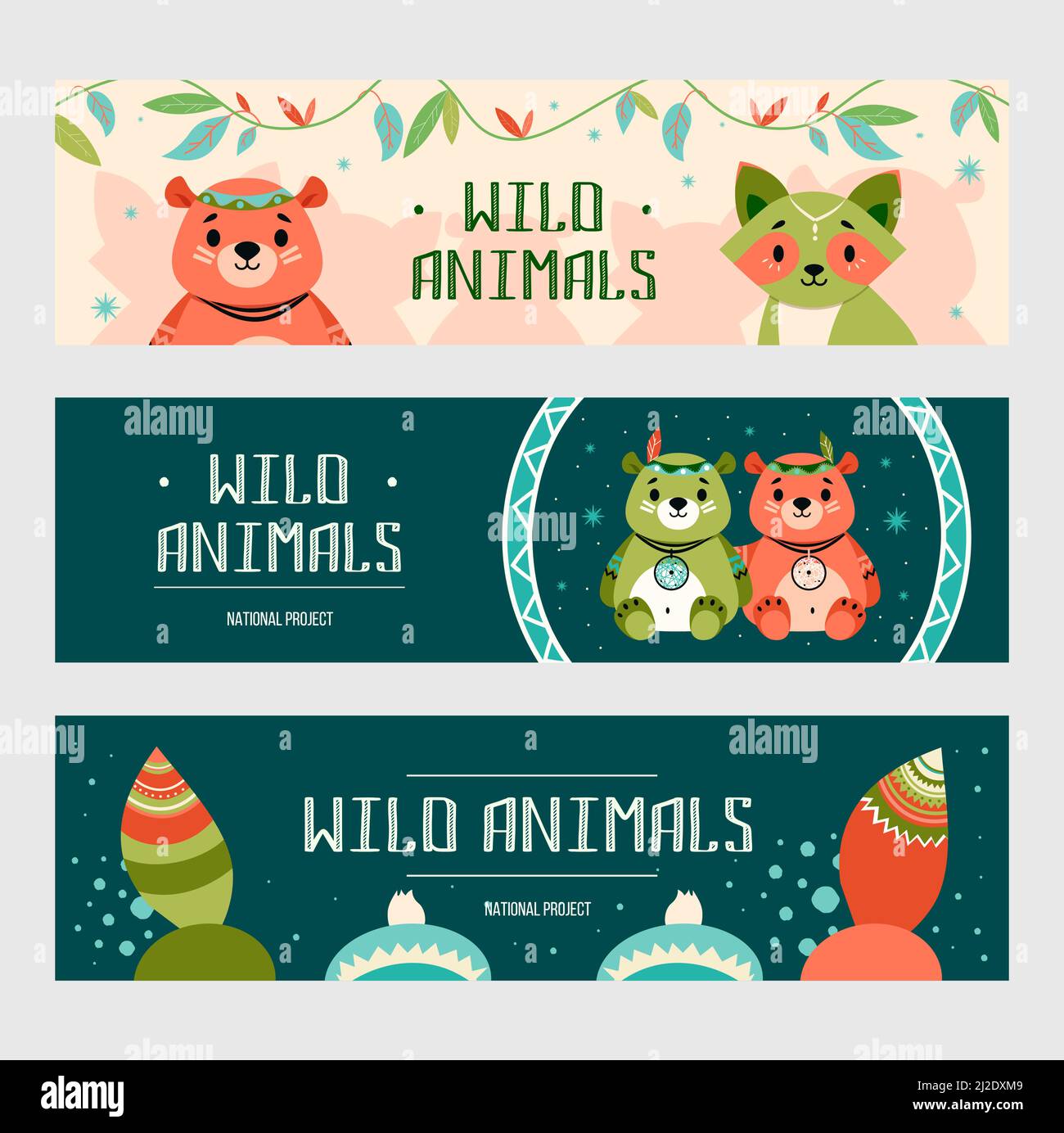 Cartoon boho animals banners set. Cute bear and raccoon with native ...