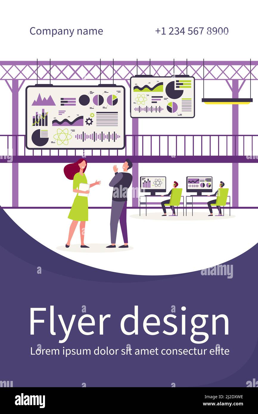 Business people working in control center with big screens flat vector ...