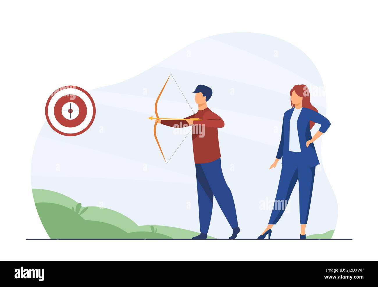 Business people focused on goal. Colleagues with archery aiming at ...