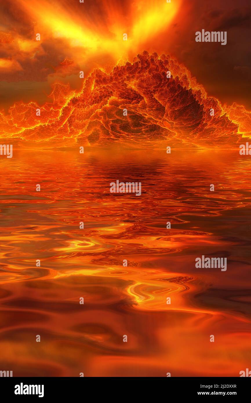 3d illustration, wallpaper in the form of fantastic burning mountain ...