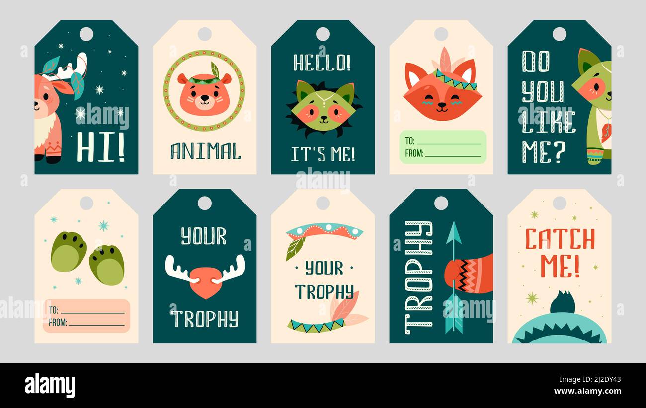 Cartoon boho animals tags set. Cute bear, fox, moose, raccoon with ...