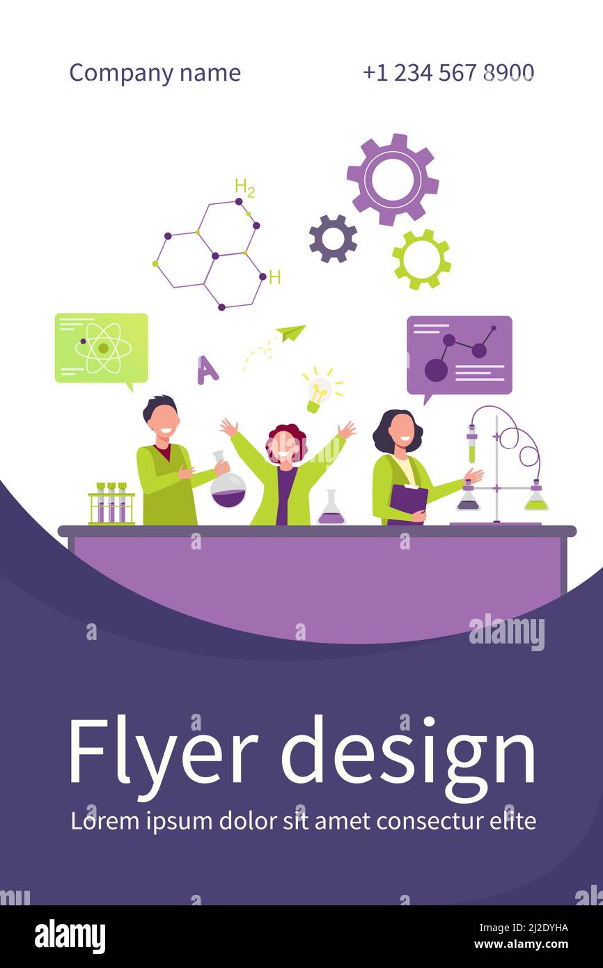 Cheerful kids learning in chemistry class flat vector illustration ...