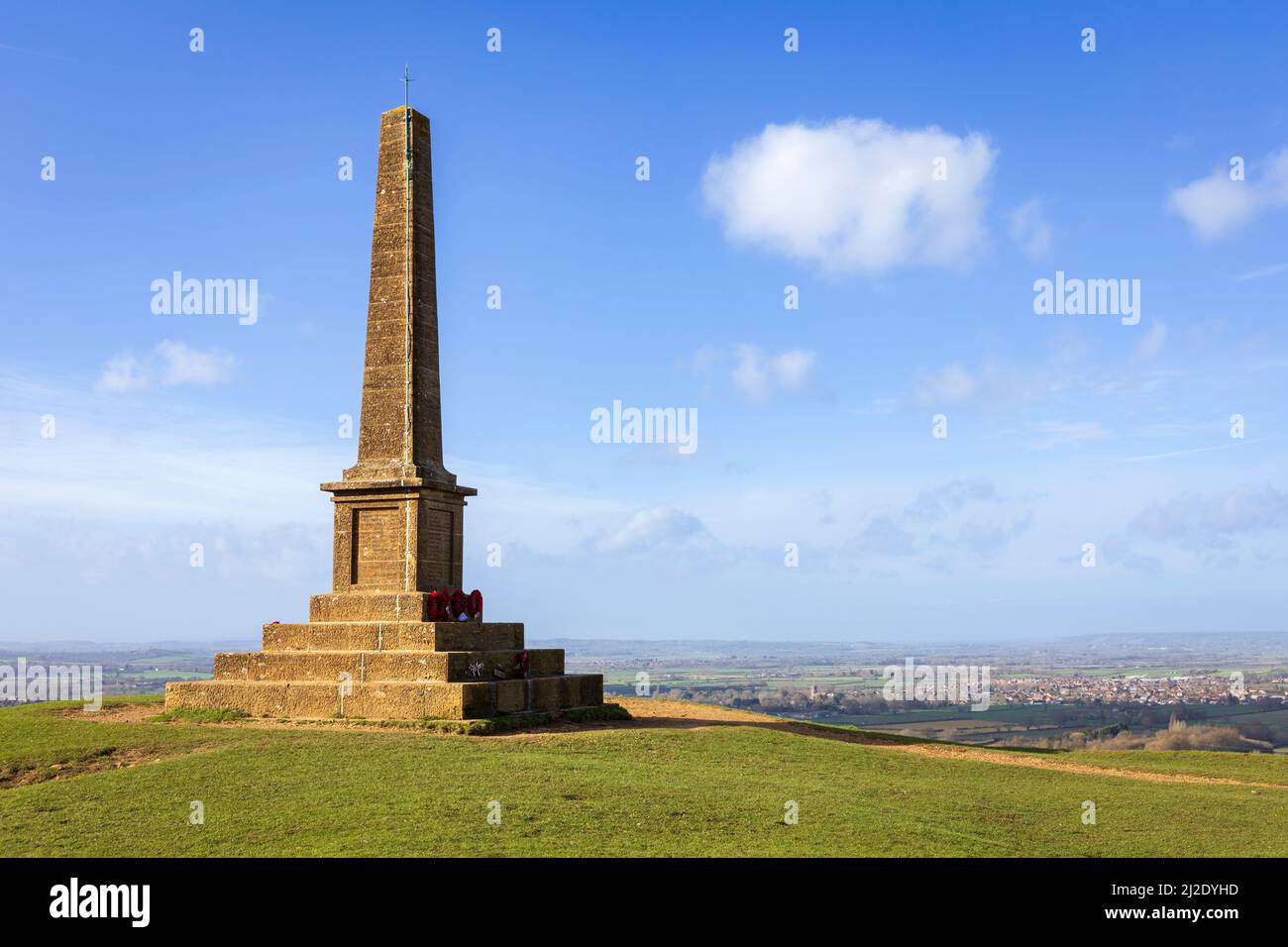 View of the war memorial on Ham Hill over the Somerset countryside in ...