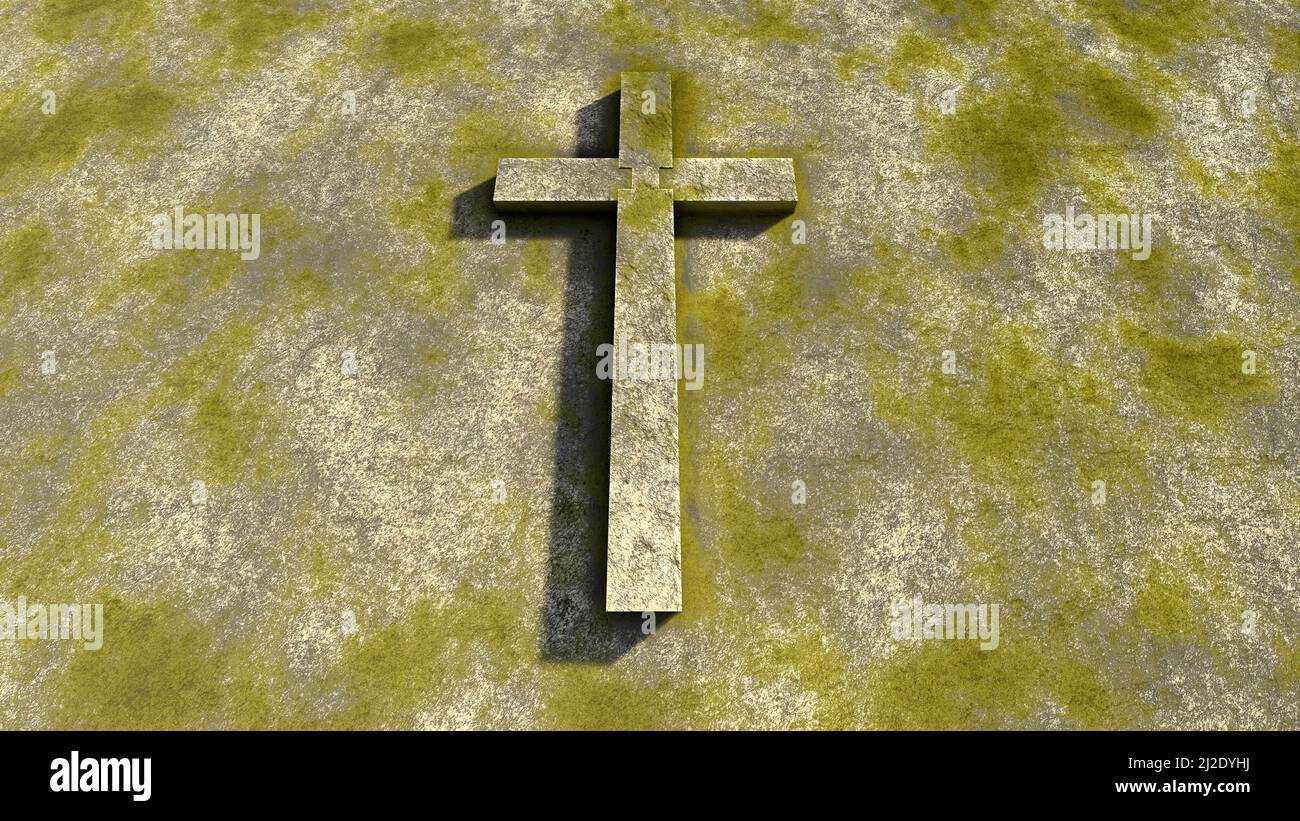 Concept or conceptual green stone cross on a vintage grungy stone ...