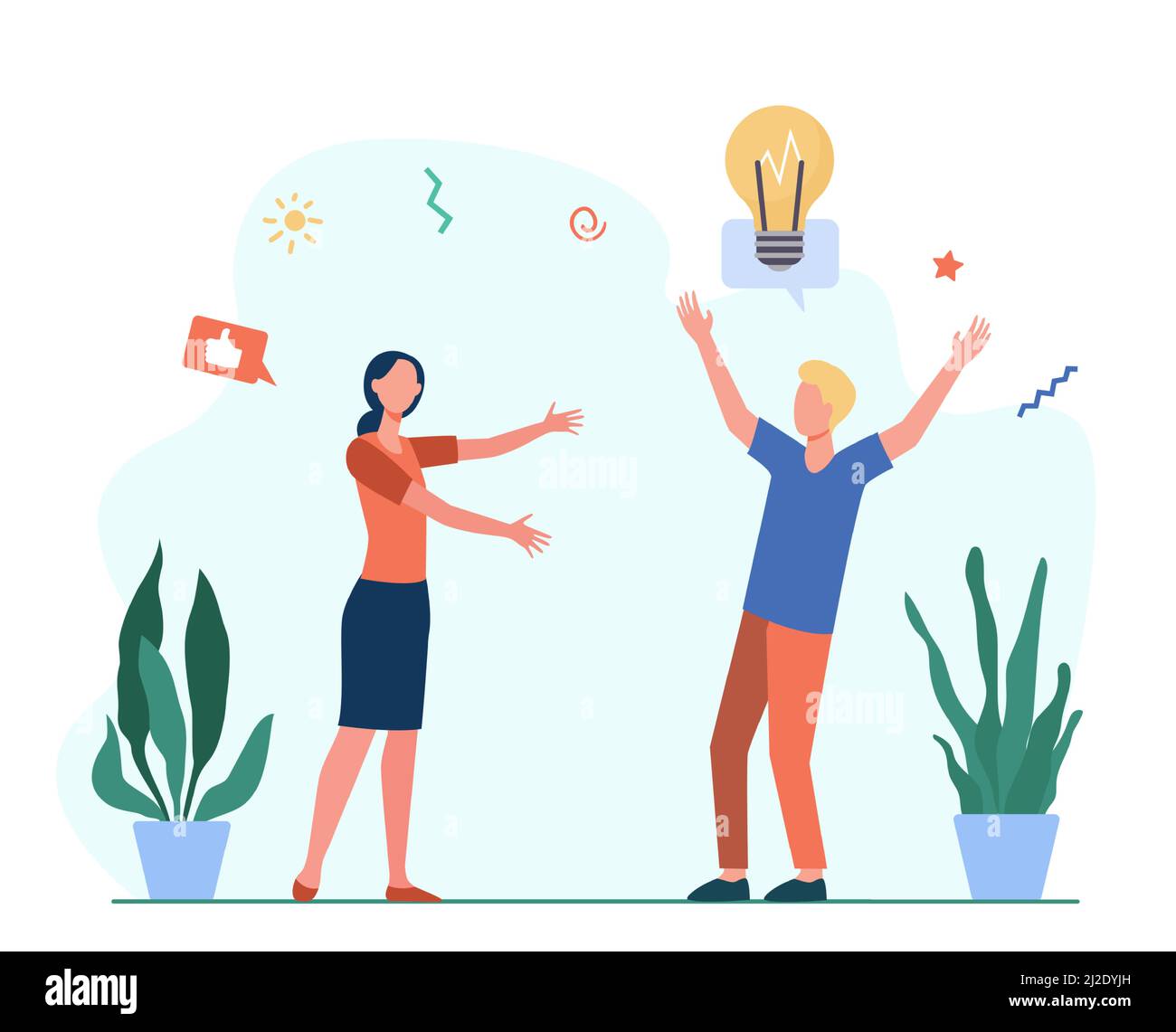 Cheerful man sharing new idea with friend. Bulb, like, approval flat ...