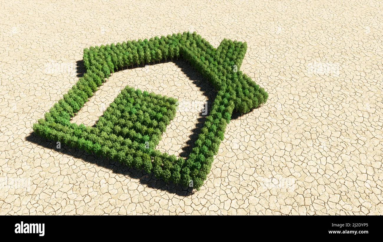 Concept or conceptual group of green forest tree on dry ground ...