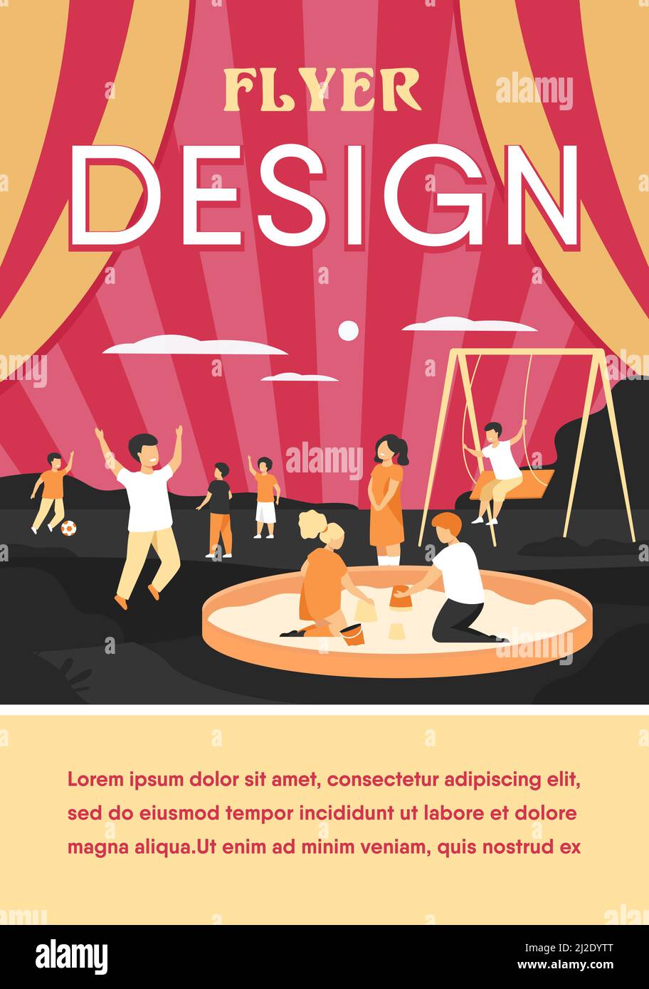 Children on playground concept. Happy kids swinging, kicking soccer ...