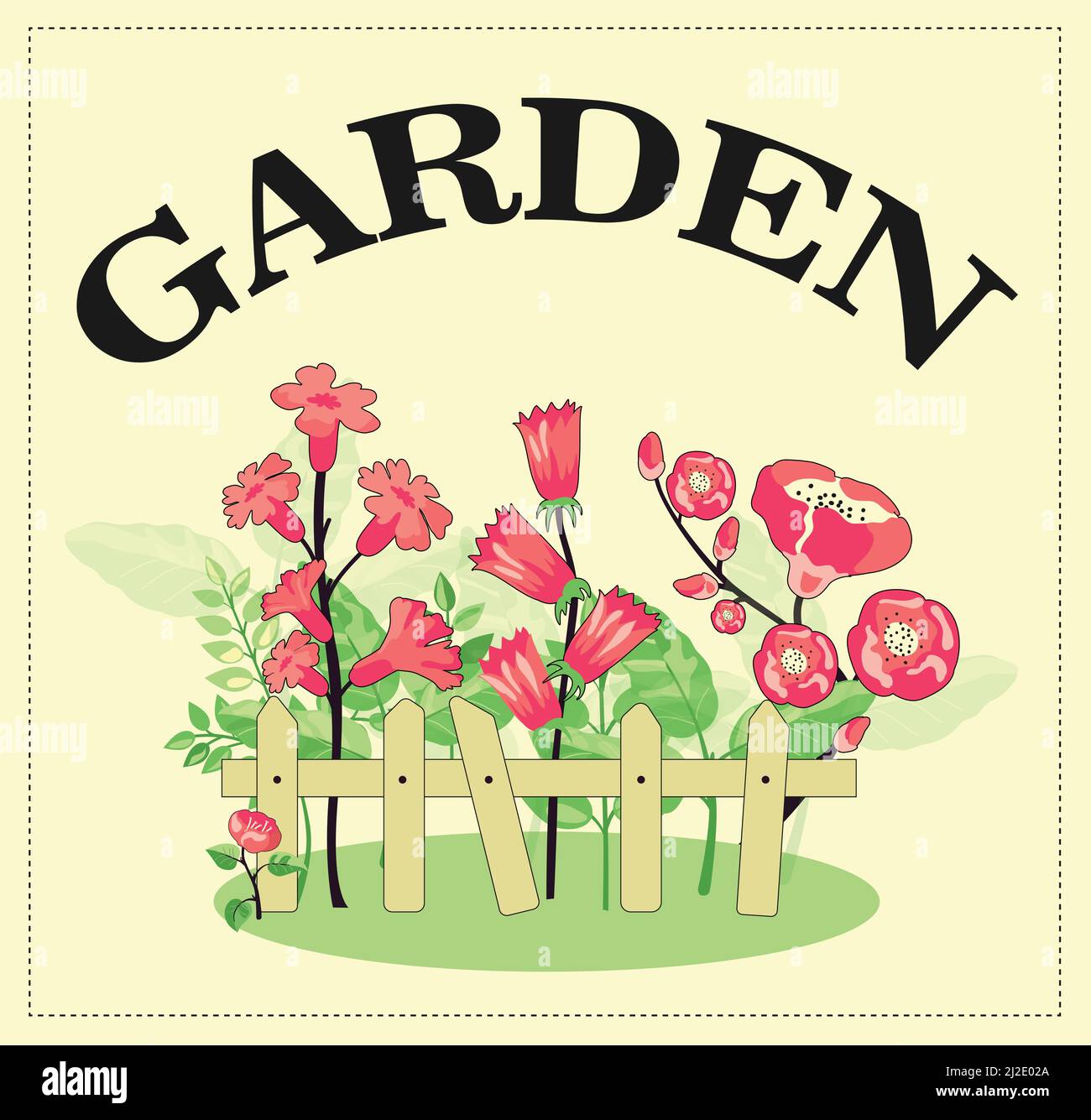 Colorful background design with blooming flowers behind fence ...