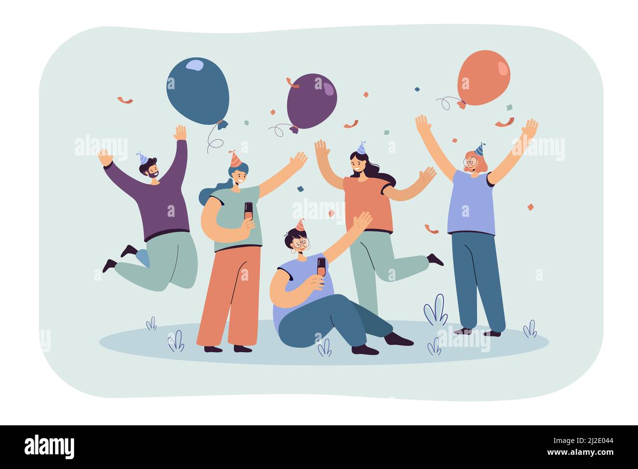 Cheerful friends celebrating at party together isolated flat vector ...