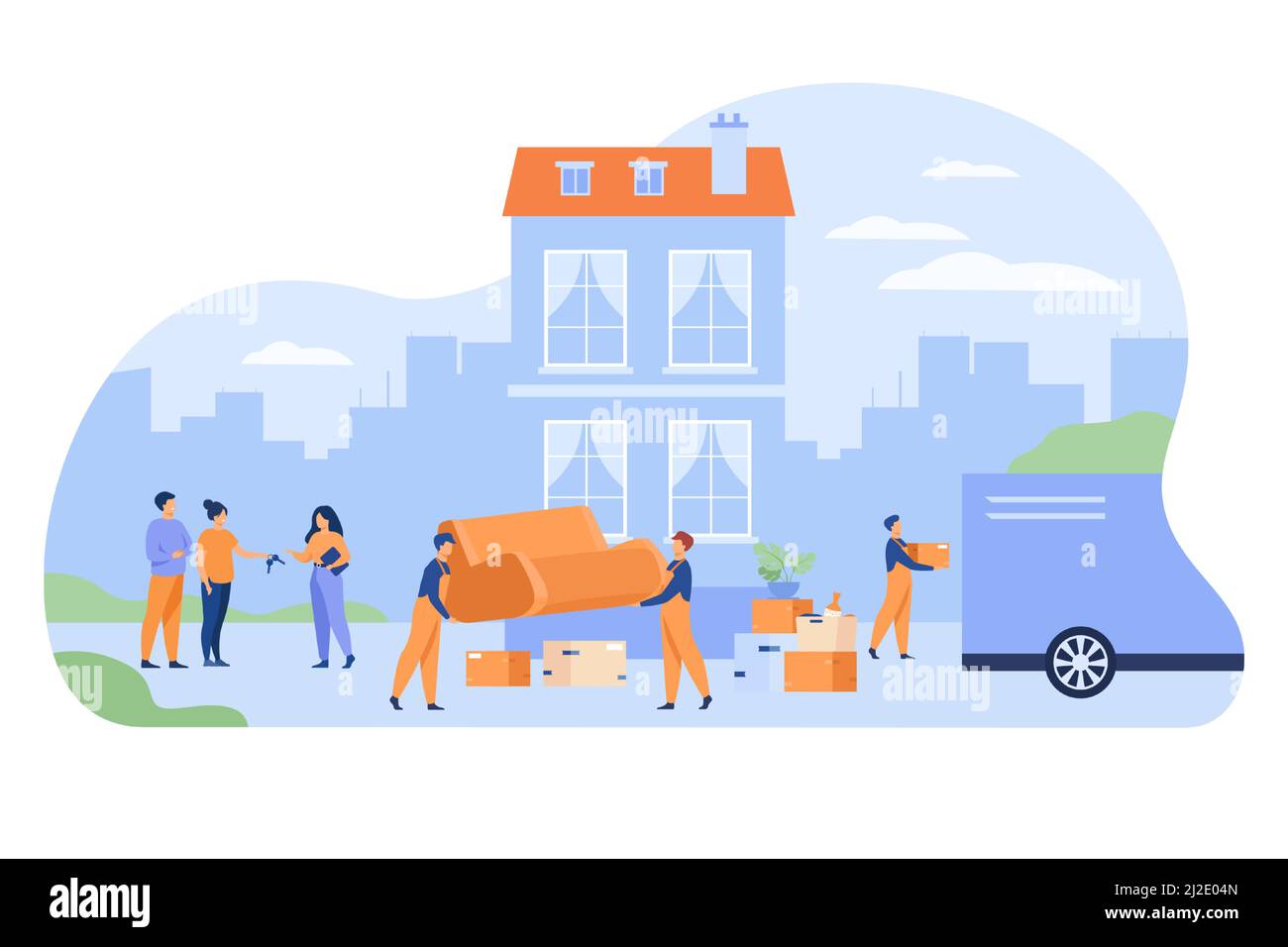 Couple moving out house and giving key to agent. Movers carrying ...