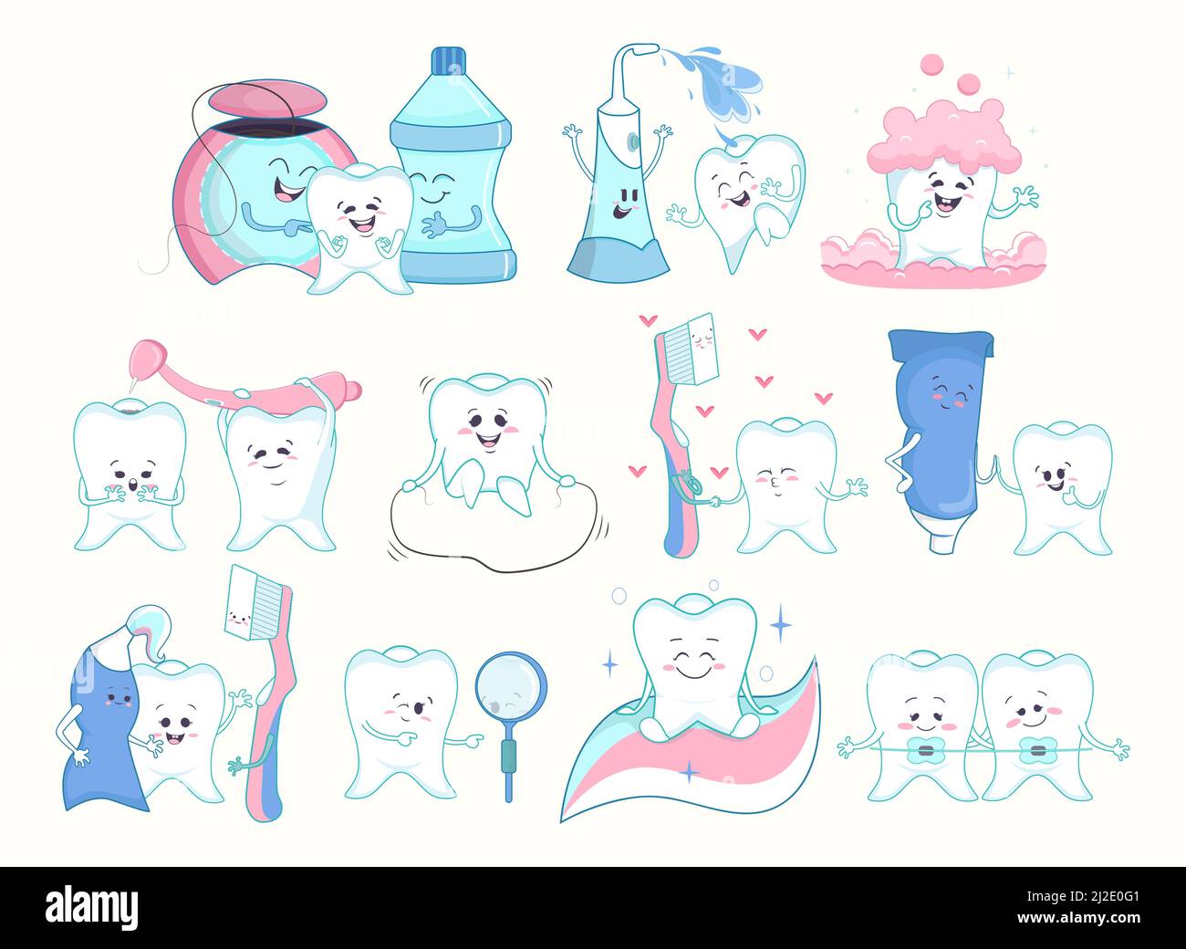 Dental care collection. Tooth, toothpaste, floss, dentist tools cartoon ...